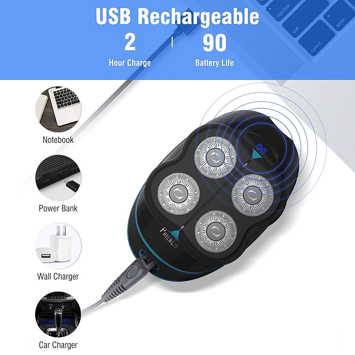 Men's Bald Head/Skull & Face Shaver Mini Trimmer Cordless Clipper Kit Fast Charging Palm Beard Rotary Barber Shaver Waterproof Rechargeable Multifunction PhylnLis 8608