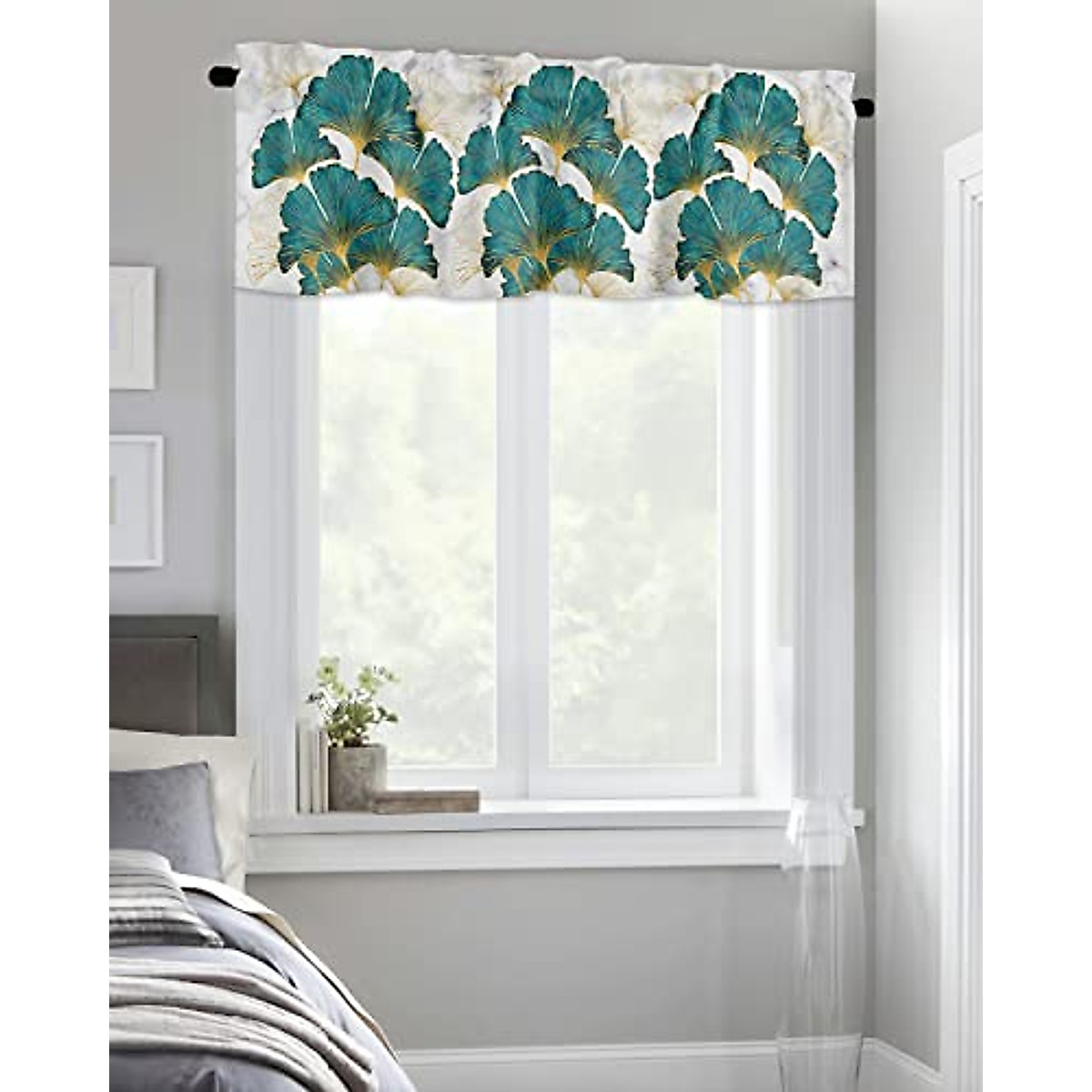 Teal Ginkgo Biloba Leaf White Marble Gold Stripes Valance Curtains for Kitchen Small Windows,Blackout Short Window Treatment Summer Leaves Rod Pocket Valance for Living Room Bedroom Decor,42"Wx12"L