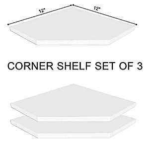 POCURBAN 12" Floating Corner Shelves Set of 3,Wall Mounted Storage Shelf with White Painted Finish for Small Plant, Photo Frame, Toys TV Accessories, Speaker, Cable Box, Game Console and More