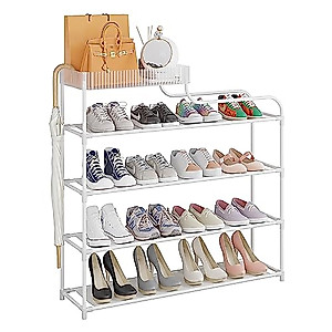 Sywhitta 4-Tier Shoe Rack Storage Organizer Shoe Shelf with Storage Box Multi-Function, Free Standing Shoe Racks High Capacity Shoe Organizer for Corridor, Living Room, Balcony, Bedroom, White