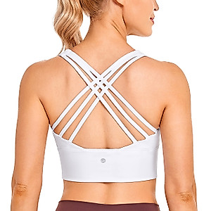 CRZ YOGA Strappy Longline Sports Bras for Women - Wirefree Padded Criss Cross Yoga Cropped Tank Tops White Medium