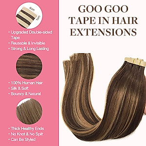 GOO GOO Tape in Hair Extensions Human Hair, 4/27/4 Balayage Chocolate Brown to Caramel Blonde, 18inch 50g 20pcs, Thick Ends Straight Seamless Tape in, Invisible Tape in Hair Extensions Human Hair