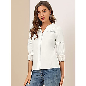 Allegra K Women's Cotton Lace Panel 3/4 Bubble Sleeve Ruffle Neck Blouse X-Small White
