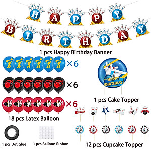 Bowling Theme Party Supplies Set Including Bowling Happy Birthday Banner, Bowling Cake & Cupcake Toppers, Bowling Balloons, Bowling Party Decorations for Kids Adults Teens