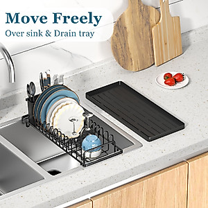 XYZLVSI Small Dish Drying Rack, Compact Dish Rack Sink Drying Rack with Silicone Mat, Dish Drainer Dish Organizer for Kitchen Counter & Over Sink, Stainless Steel, Black