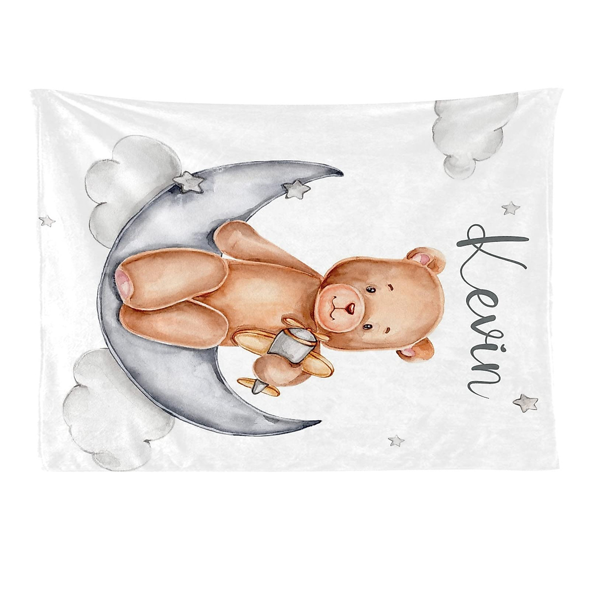 Teddy Bear Sits on Moon Personalized Baby Blanket for Baby Girl Boy, Custom Name Soft Warm Newborn Throw Blanket 30X40 in