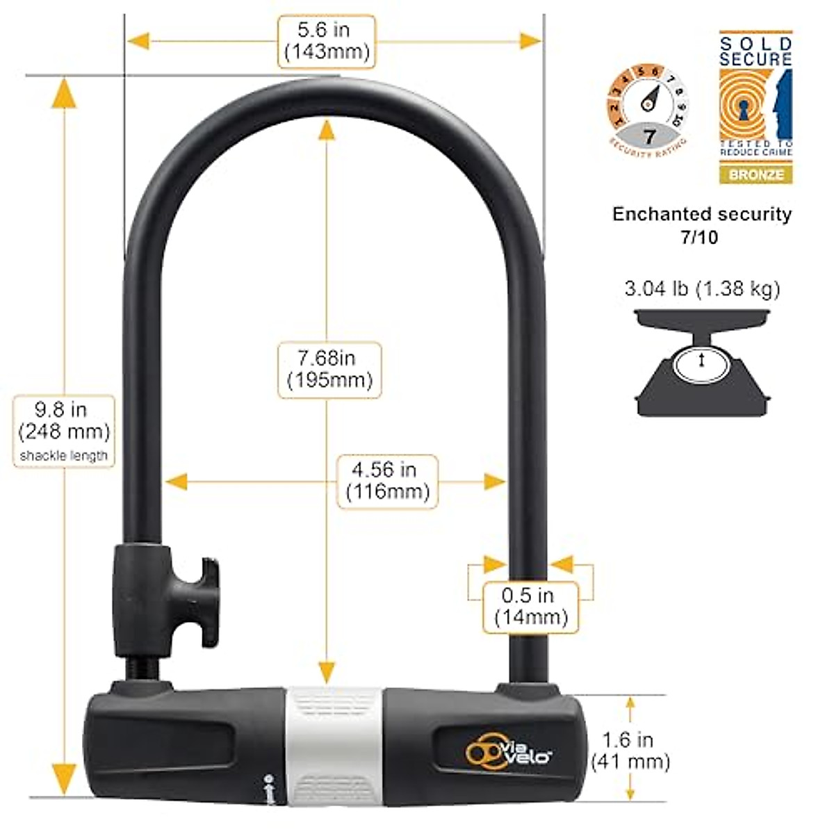Via Velo 2 Bicycle U-Lock Set, Same Key System 4 Keyed Alike Keys, Heavy Duty Sold Secure 14mm Shackle and 10mm x 1.8m Cable with Mounting Bracket for Road Bike Mountain Bike Folding Bike
