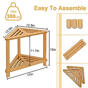 Bamboo Corner Shower Stool for Inside Shower Shaving Legs, Waterproof Bathroom Shower Bench Seat with Storage Shelf for Bathroom, Shower Foot Rest for Small Spaces, Bath Seat