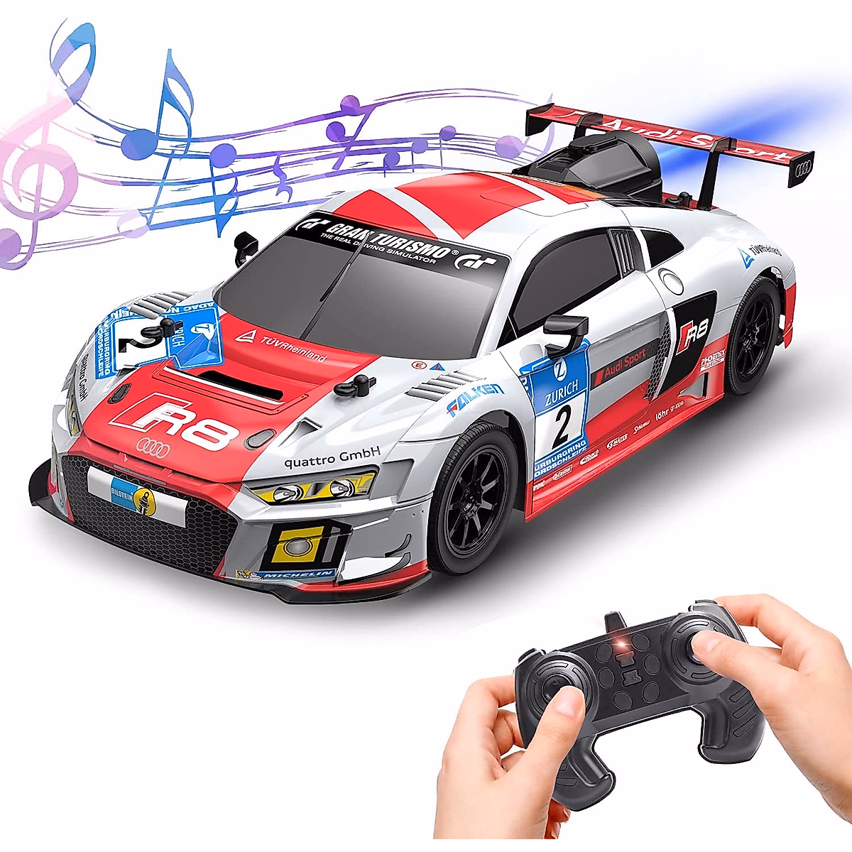 Remote Control Car, RC Cars for Kids, 1: 14 Officially Licensed Audi R8 LMS GT3, 80 Min Play Toy Car with Rear Fog Stream LED Lights Music, Hobby Toy Car Model Vehicle for Boys, Girls, Adults Gift