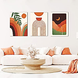 Boho Wall Art Set of 3, Boho Bedroom Decor Orange Minimalist Wall Decor Art, Mid Century Modern Wall Art, Neutral Abstract Geometric Framed Canvas Prints Wall Art for Bathroom 12"x16"
