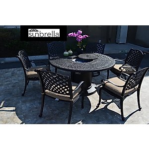 Nassau Outdoor Patio 7pc Dining Set Round 60" Fire Gas Table Dark Bronze Solid Cast Aluminum Sunbrella Cushions (Set with 6 Regular Chairs, Sunbrella Sesame)