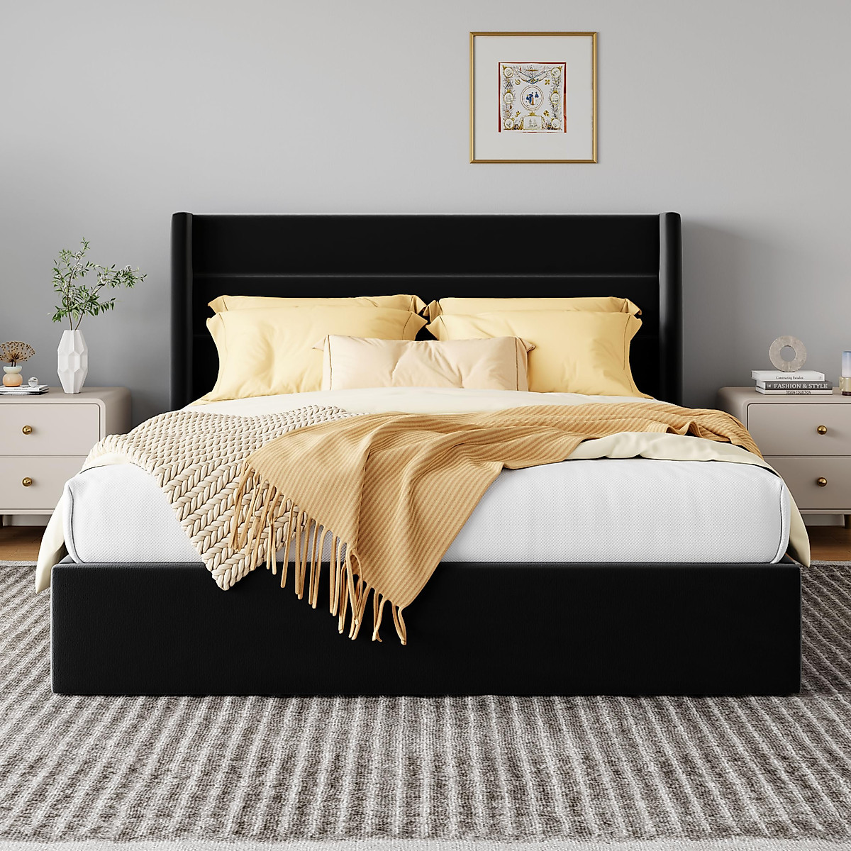 HOOMIC Queen Size Lift Up Storage Bed with Wingback Headboard/Velvet Upholstered Platform Bed Frame/Heavy-Duty Hydraulic Bed/Large Underneath Storage/Strong Wooden Slats Support/Noise-Free/Black