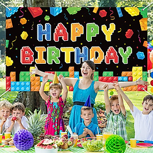Panelee Building Block Birthday Banner Building Blocks Party Backdrop Building Blocks Birthday Party Decoration Happy Birthday Banner Photography Background for Kids Party Supplies, 72.8 x 43.3 Inch