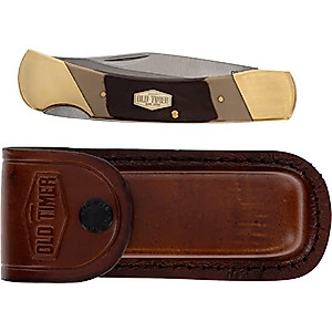 Old Timer 7OT Cave Bear Traditional Lockback Pocket Knife with 3.9in High Carbon Stainless Steel Blade, Sawcut Handles, and Leather Belt Sheath for Hunting, Camping, Whittling, EDC, and Outdoors