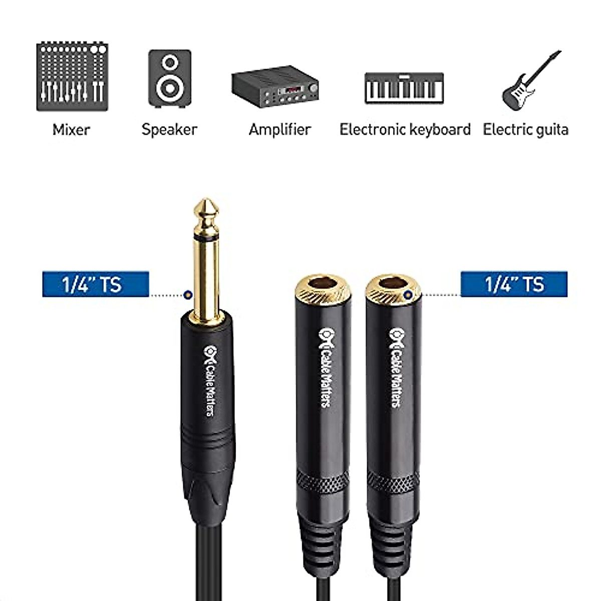 Cable Matters 2-Pack TS Male to 2X TS Female 1/4 Splitter Cable (6.35mm Splitter Cable) in Black - 0.2m / 6 Inches