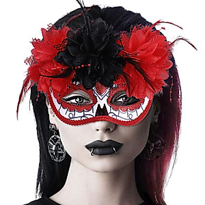 BODIY Women Red Flower Halloween Masquerade Mask Skull Day of the Dead Masks Feather Costume Eyemask Cosplay Rave Half Mask