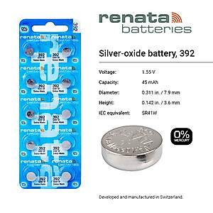 Renata 392 SR41W Batteries - 1.55V Silver Oxide 392 Watch Battery (10 Count)