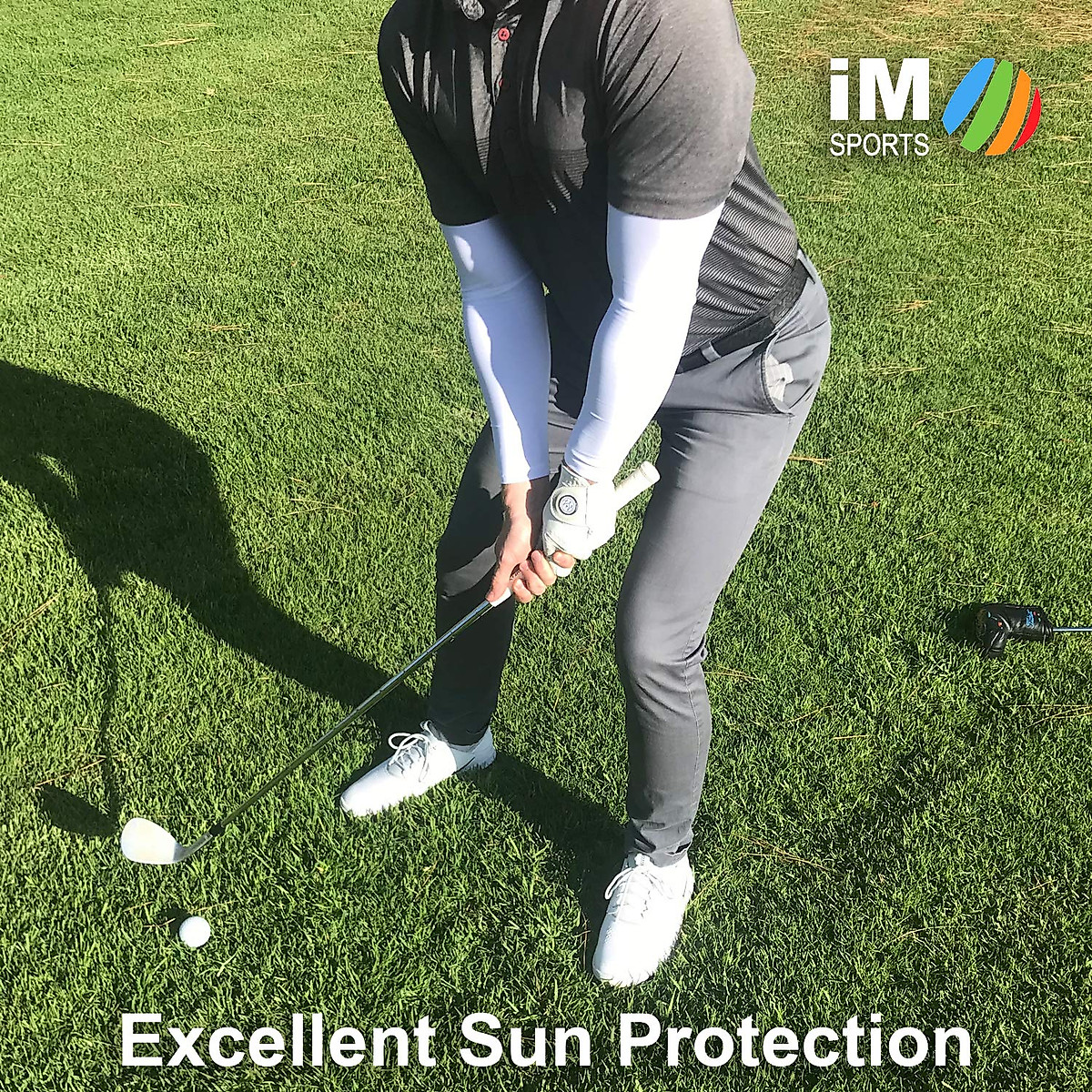 iM Sports LONG DRIVER Golf Sun Sleeves + Blocks 98% UV + Compression + Made in USA - White - Medium/Large - Pair