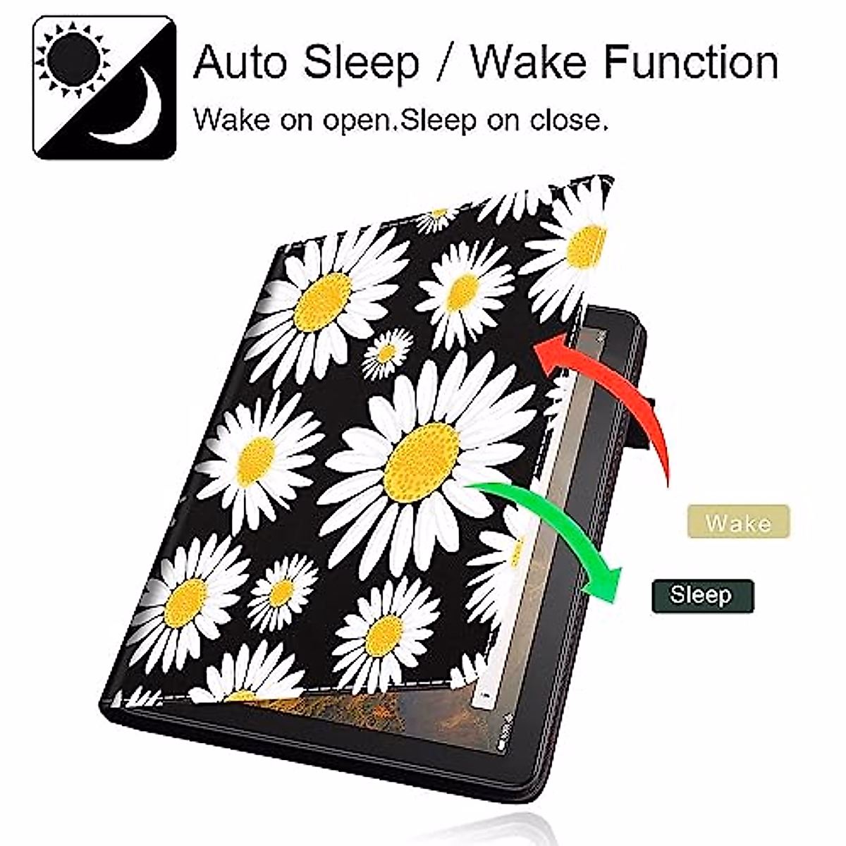 New Amazon Kindle Fire 7 Case (12th Generation 2022 Release), Premium PU Leather Folio Stand Cover Case with Smart Auto Wake/Sleep for All-New Fire 7 Tablet 2022 Release, Flower White Daisy