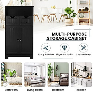COSTWAY Bathroom Storage Cabinet, Freestanding Storage Organizer with 2 Drawers & Adjustable Shelf, Wooden Floor Cabinet for Living Room, Bedroom, Kitchen, Entryway (Black)