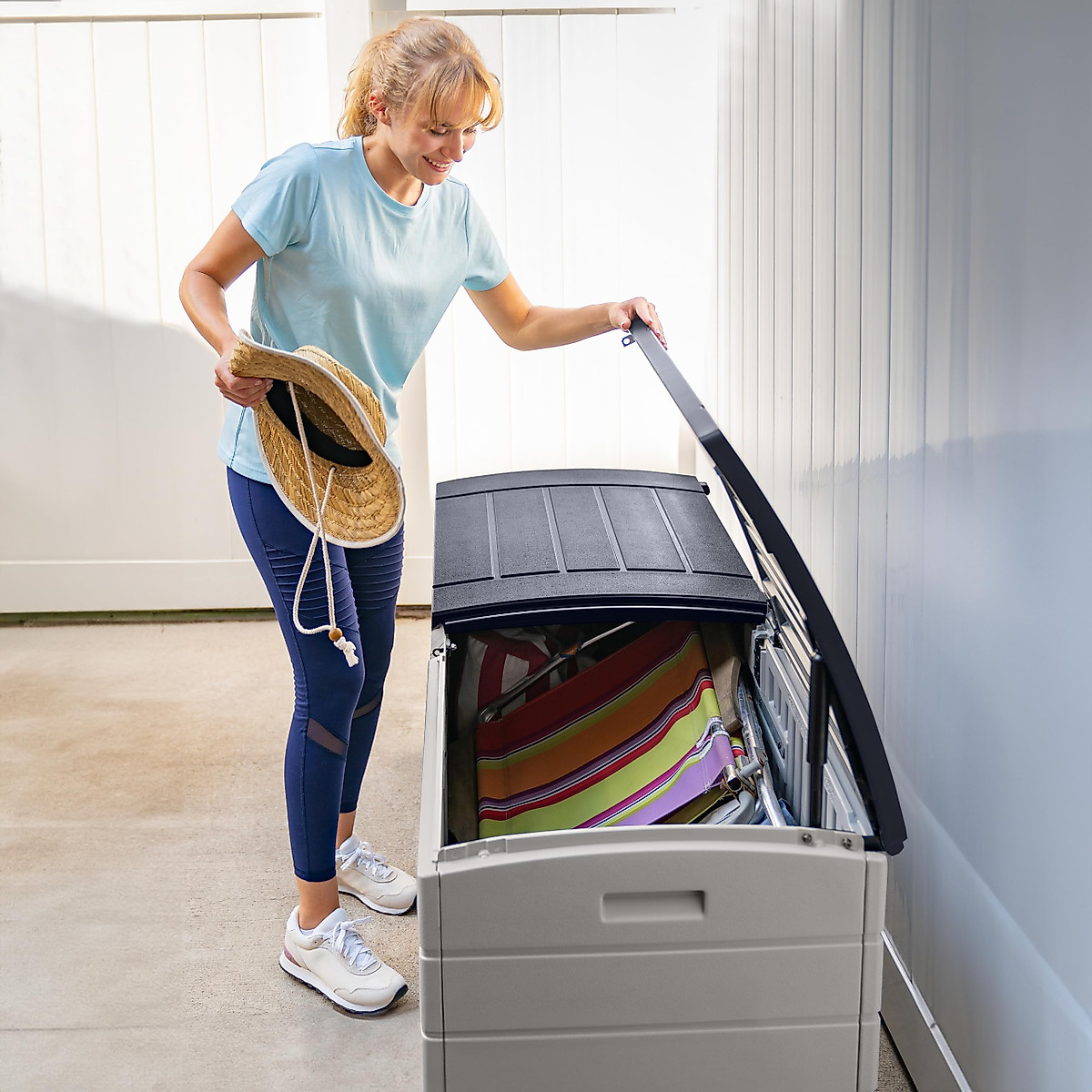 Suncast 120-Gal. All-Weather Patio Deck Box with Pad-Lockable Split Top Lid, Extra-Large Outdoor Storage Unit for Patio Furniture and Grill Tools