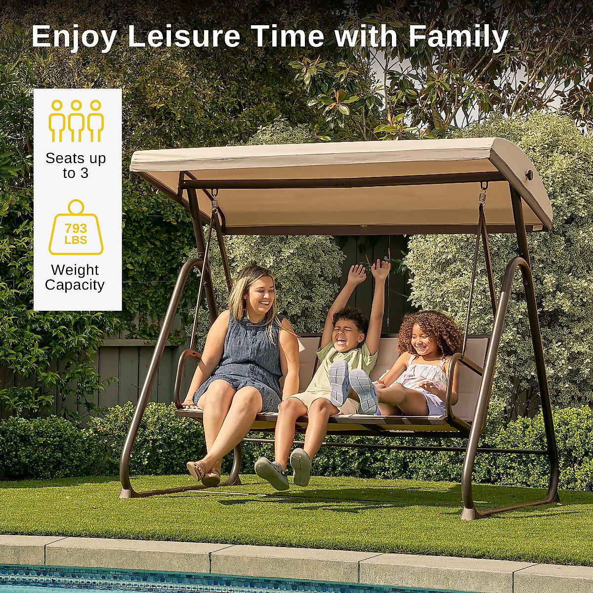 EAST OAK 3-Person Outdoor Patio Swing Chair with Adjustable Canopy, Porch Swing with Comfortable and Breathable Seats, Outdoor Swing Chairs for Garden, Balcony, Backyard, Chestnut Brown