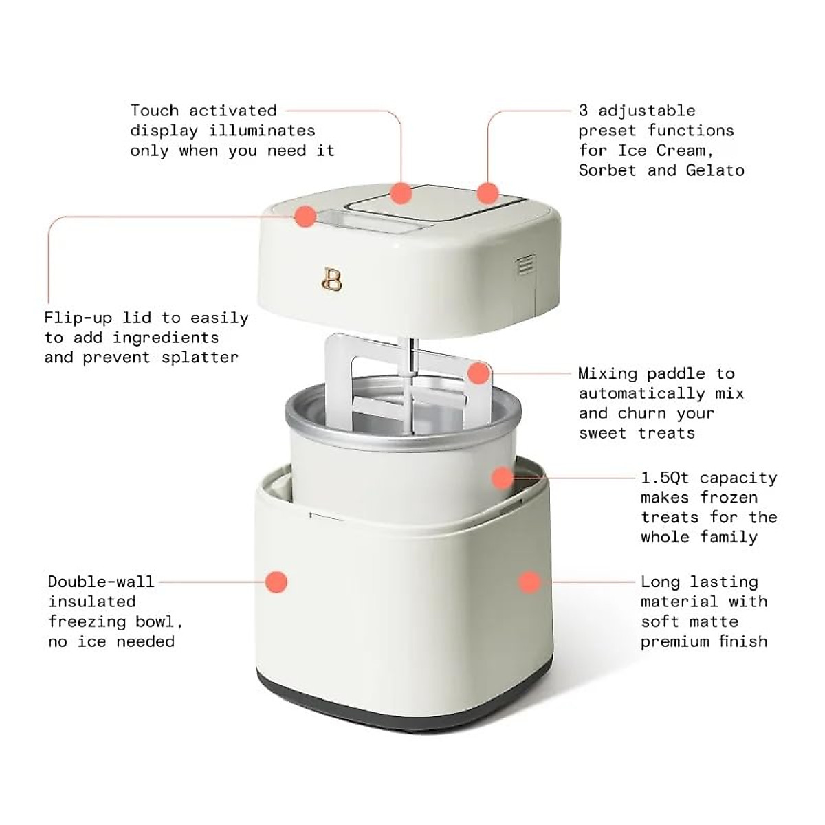 Beautiful 1.5QT Ice Cream Maker with Touch Activated Display, White Icing by Drew Barrymore (White Icing)