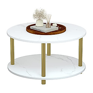 Round Coffee Table for Living Room，31.5’’ 2 Tier Modern Gold Coffee Table with Open Storage Shelf,Gold Metal Legs and White Faux Marble Table Top
