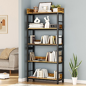 Aquzee Bookshelf, 66" H 5-Tiers Heavy Duty Industrial Shelving Wood & Metal Bookcase, Rustic and Black Tall Shelf Units for Home, Office, Living Room