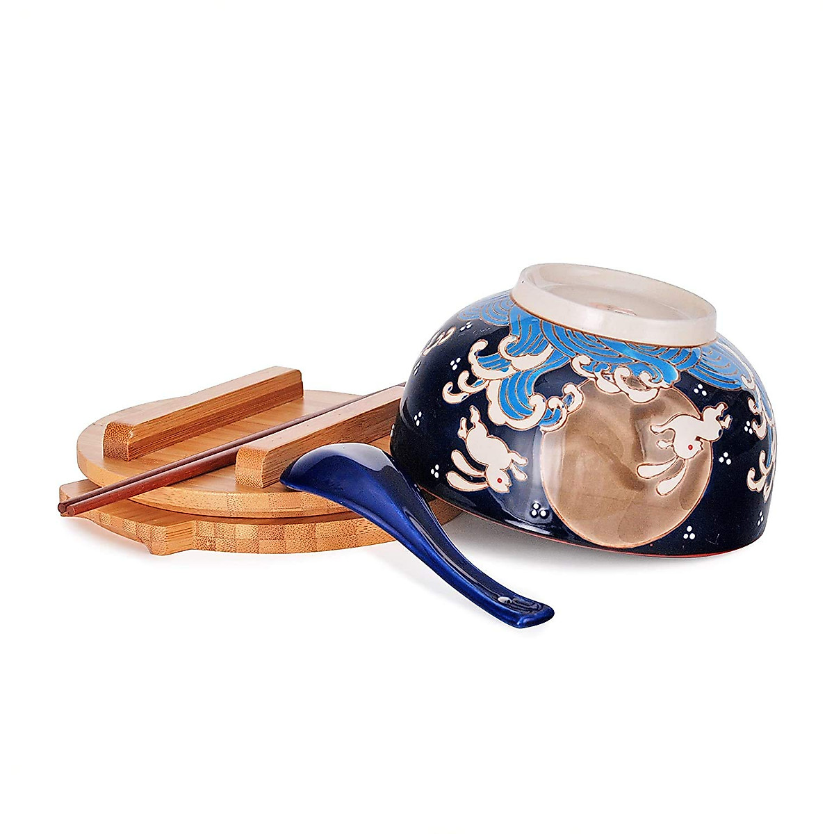 Happy Sales, Japanese Kamameshi Vintage Style Rice Noodle Ramen Bowl with Bamboo Lid Trivet Chopsticks and Porcelain Spoon Bowl Set (BlueRabbitMoon)