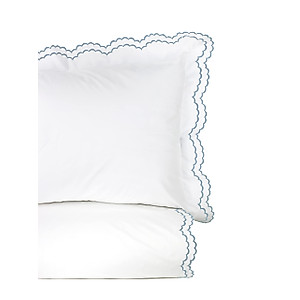 Double Scalloped Percale Weave Embroidered King Size White Duvet Set 300 Thread Count 100% Cotton - Cool Crisp - Luxury Hotel Bedsheet - Oeko Tex Certified Deep Pocket - Blue Piping on Edges