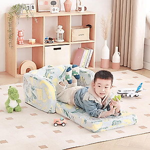 Furlide Toddler Chair, 2-in-1 Kids Sofa Chair, Glow in The Dark Baby Sofa, Comfy Toddler Couch, Kids Flip Out Sofa, Washable Kids Lounge Chair for Girl or Boy (Green Dinosaur)