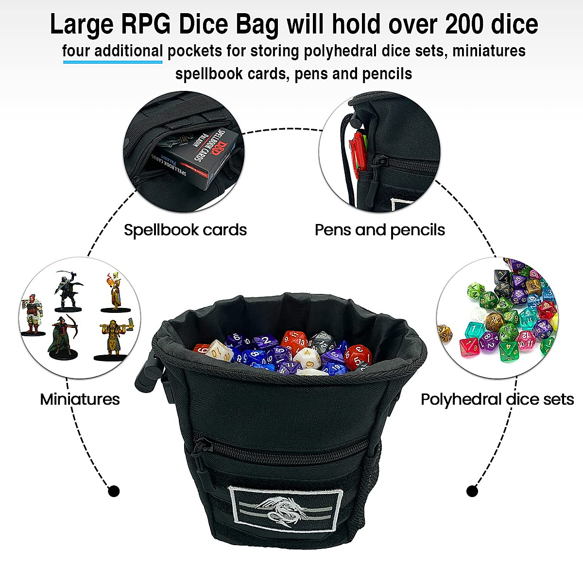 Luck Lab DND Drawstring Dice Bag with Removable Dragon Patch - Multiple Pockets and Large Dice Storage Area (200 + dice) for Dungeons and Dragons (d&d),RPG, MTG and All Table Top Gaming- Black