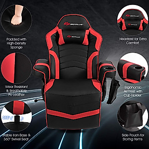 POWERSTONE Gaming Recliner Massage Gaming Chair with Footrest Ergonomic PU Leather Single Sofa with Cup Holder Headrest and Side Pouch, Adjustable Living Room Chair Seating, Red
