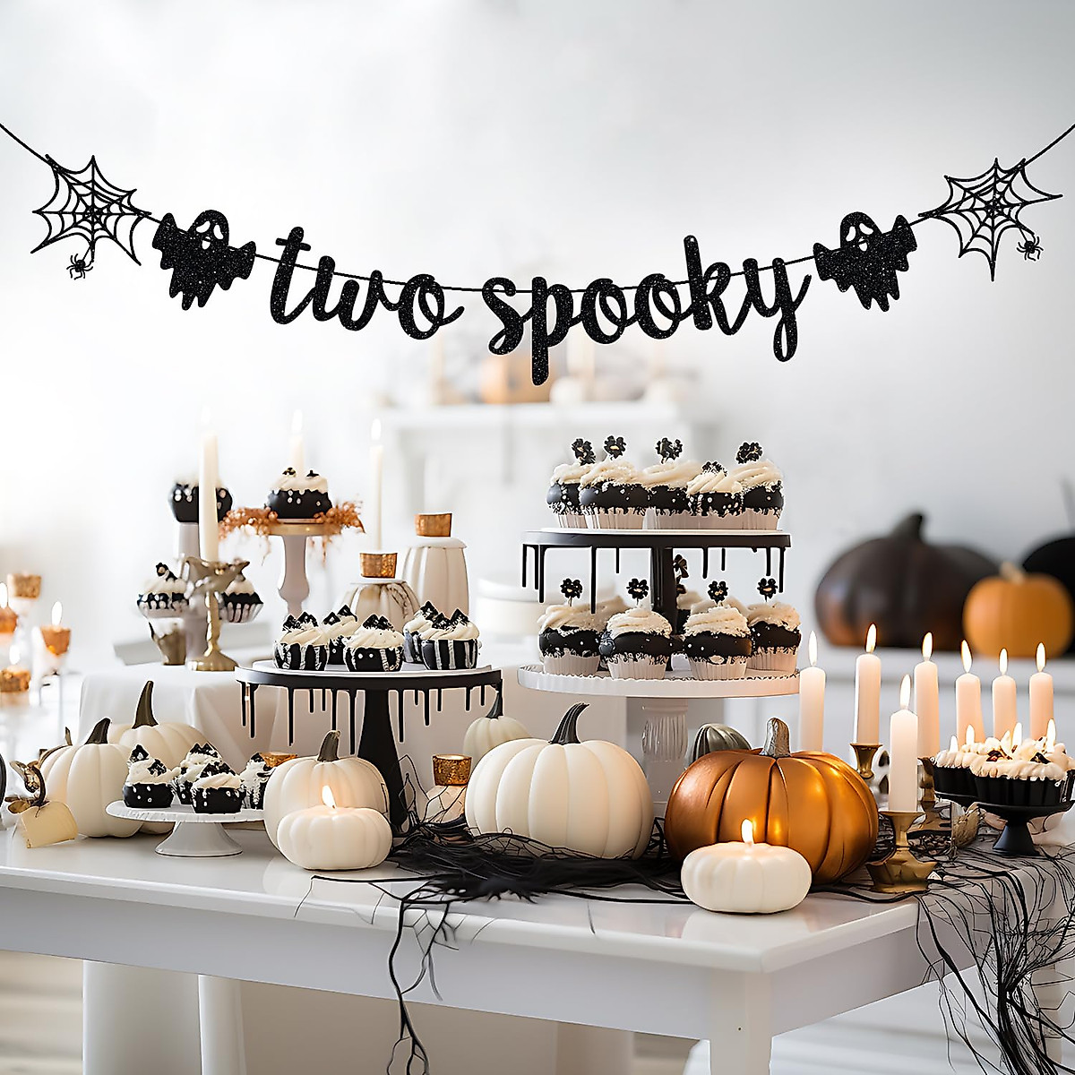 Two Spooky Banner, Halloween 2nd Birthday Party Decor, Two Spooky Birthday Decorations, Halloween Birthday Baby Shower Party Decorations, Black Glitter