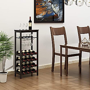 URFORESTIC Bamboo Wine Rack Free Standing Wine Holder Display Shelves with Glass Holder Rack, 16 Bottles Stackable Capacity for Home Kitchen