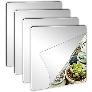 JUNEBRUSHS 4 Pack Self Adhesive Acrylic Mirror, 8 x 8 Inch Mirror Tiles,Flexible Plastic Mirror Sheets Wall Stickers,2MM Thick Mirror,Frameless Small Mirror