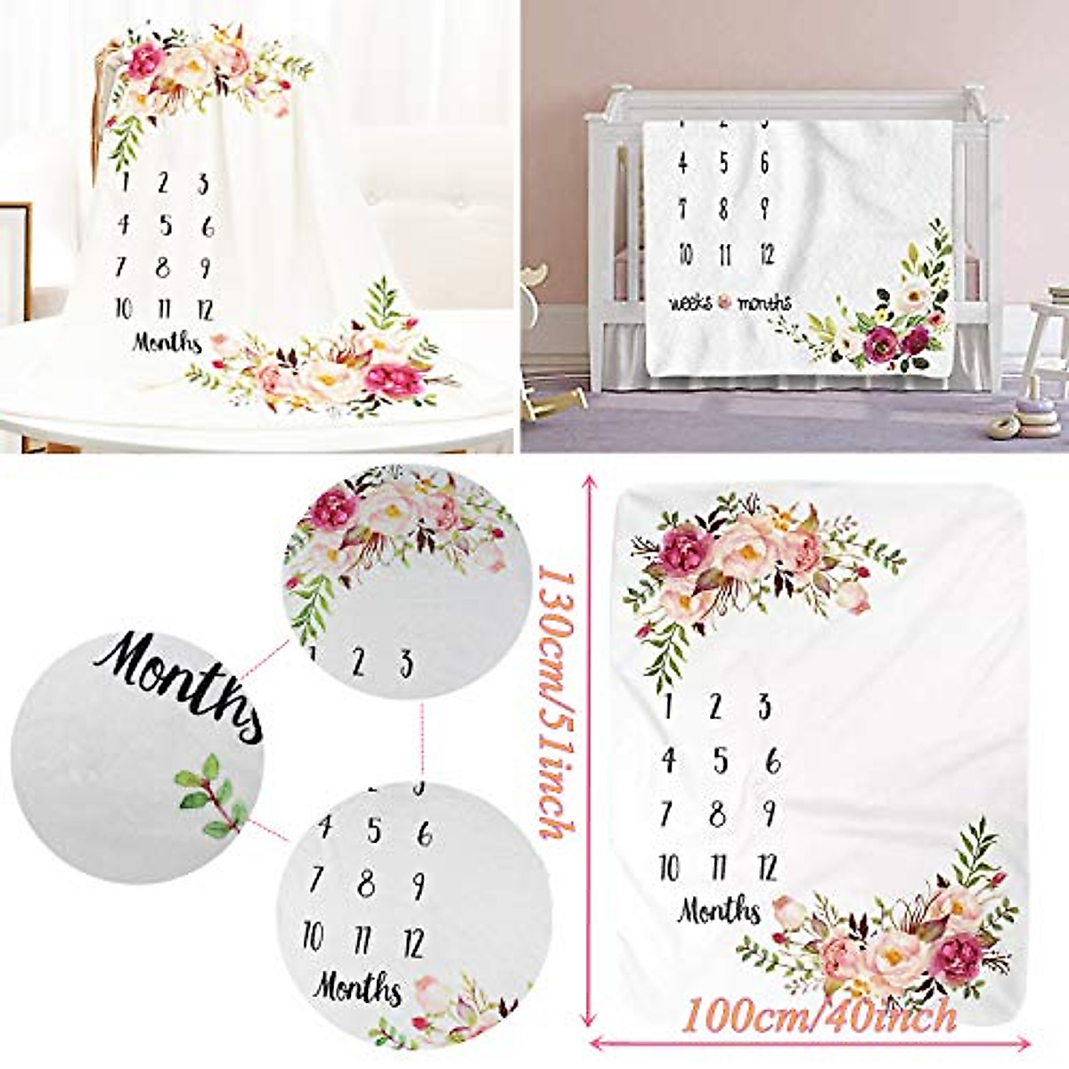 SPOKKI 4 PCS Baby Monthly Milestone Blanket, 51"x40" Premium Fleece Floral Memory Blankets kit for Newborn Girls Boys Photography Props and Mom Nursery Shower Gift (Pink)