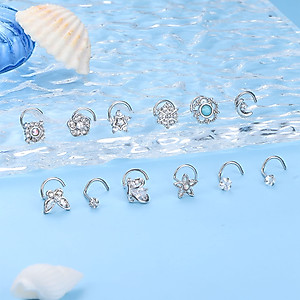 Ubjuliwa 12Pcs 20G Stainless Steel Nose Rings Stud for Women Screw L Shaped Nose Studs Cubic Zirconia Moon Star Snowflake Flower Butterfly Nose Piercing Stud
