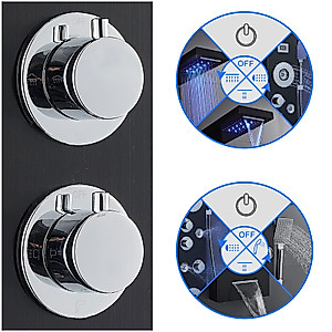 POPFLY 6 In 1 LED Shower Panel Tower System With Waterfall Rain System, 4 Angle Adjustable Mist Jets and High Pressure 2 Body Massage Jets, 304 Stainless Steel Shower Tower, Black