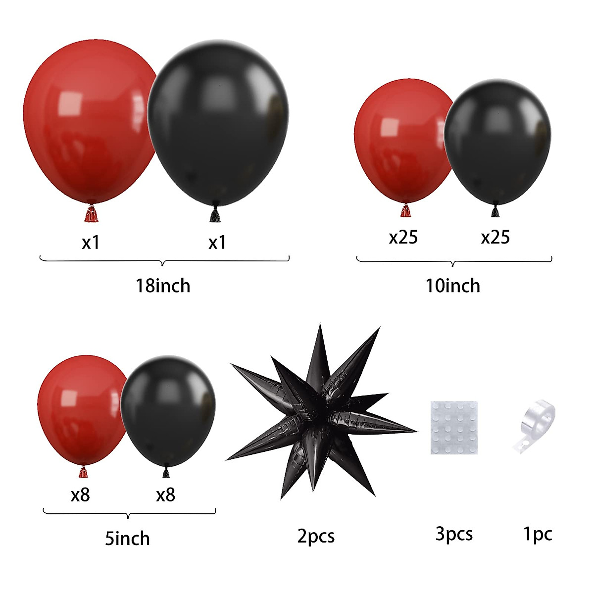 Red and Black Balloon Arch Kit, Latex Birthday Balloons 5 10 18 inch Burgundy and Black Party Balloons with 2 Black Explosion Star for Wedding Bridal Baby Shower Bachelorette Graduation Party