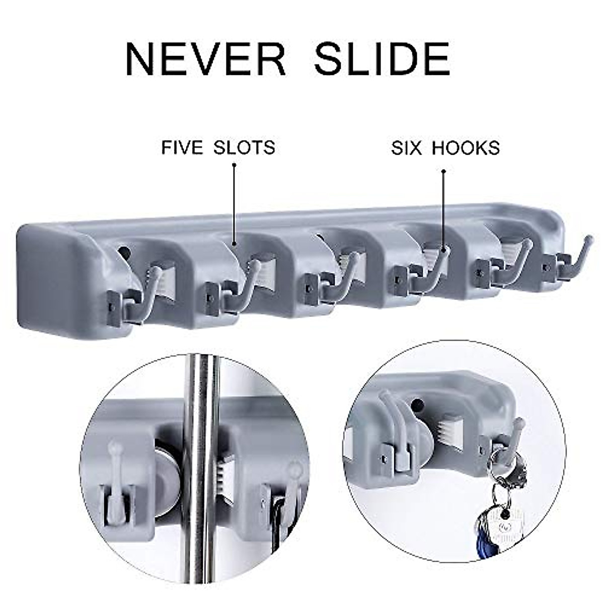 Mop Broom Holder, Garden Tools Wall Mounted Commercial Organizer Saving Space Storage Rack for Kitchen Garden and Garage,Laundry Offices(5 Position with 6 Hooks)