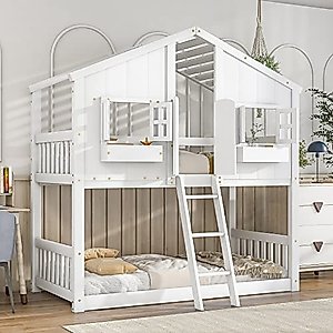 BOVZA Twin Over Twin House Bunk Beds with Roof and Window Door, Window Box, Ladder, Wood Playhouse Bunk Bed for Kids Girls Boys Teens, White