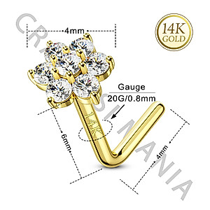 CM Crareesi Mania 14K Real Gold Nose Rings 20G Nose Piercing Jewelry Flower Nose Rings Studs L-Shaped Solid Yellow Gold Nose Rings for Women
