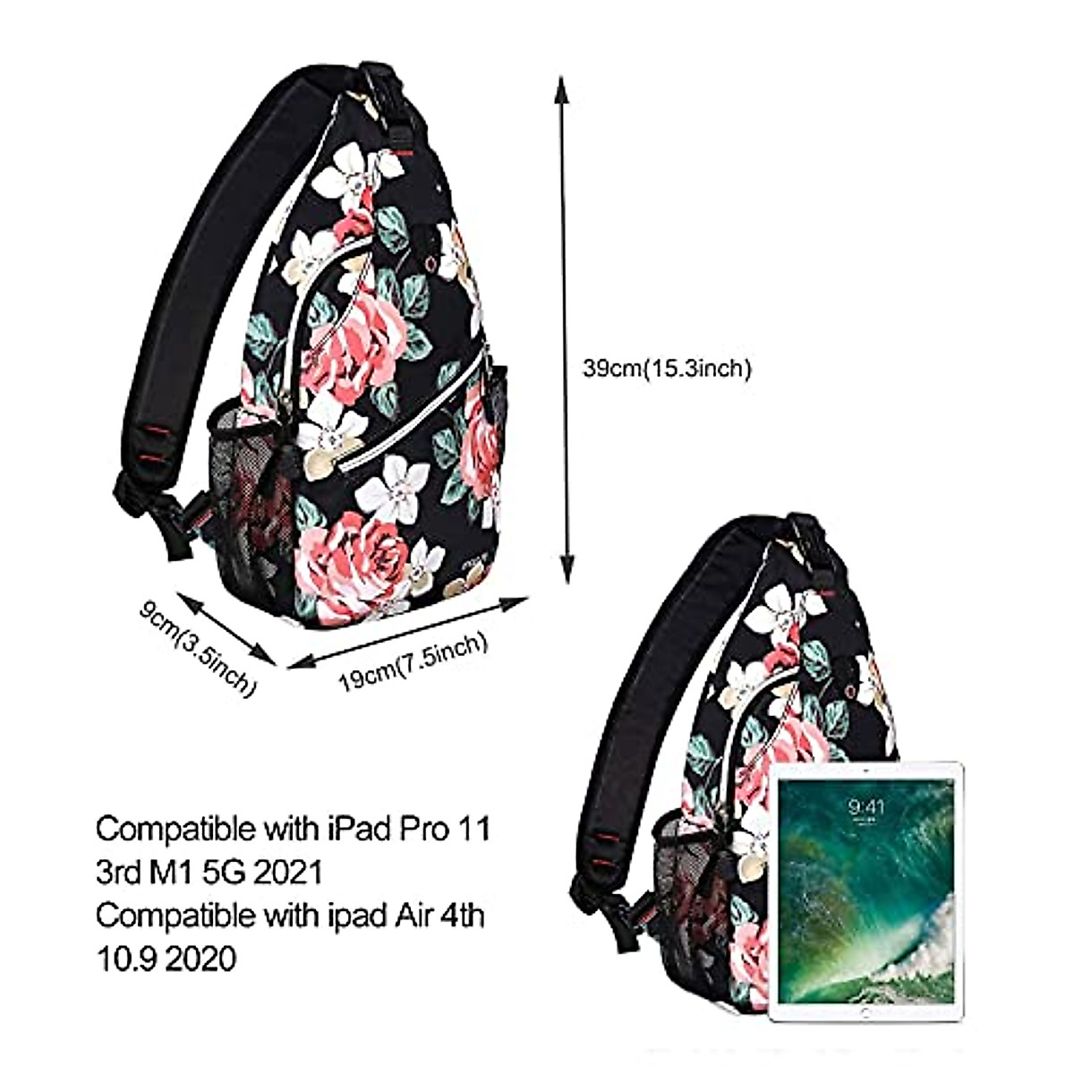 MOSISO Sling Backpack,Travel Hiking Daypack Rose Rope Crossbody Shoulder Bag, Black, Medium