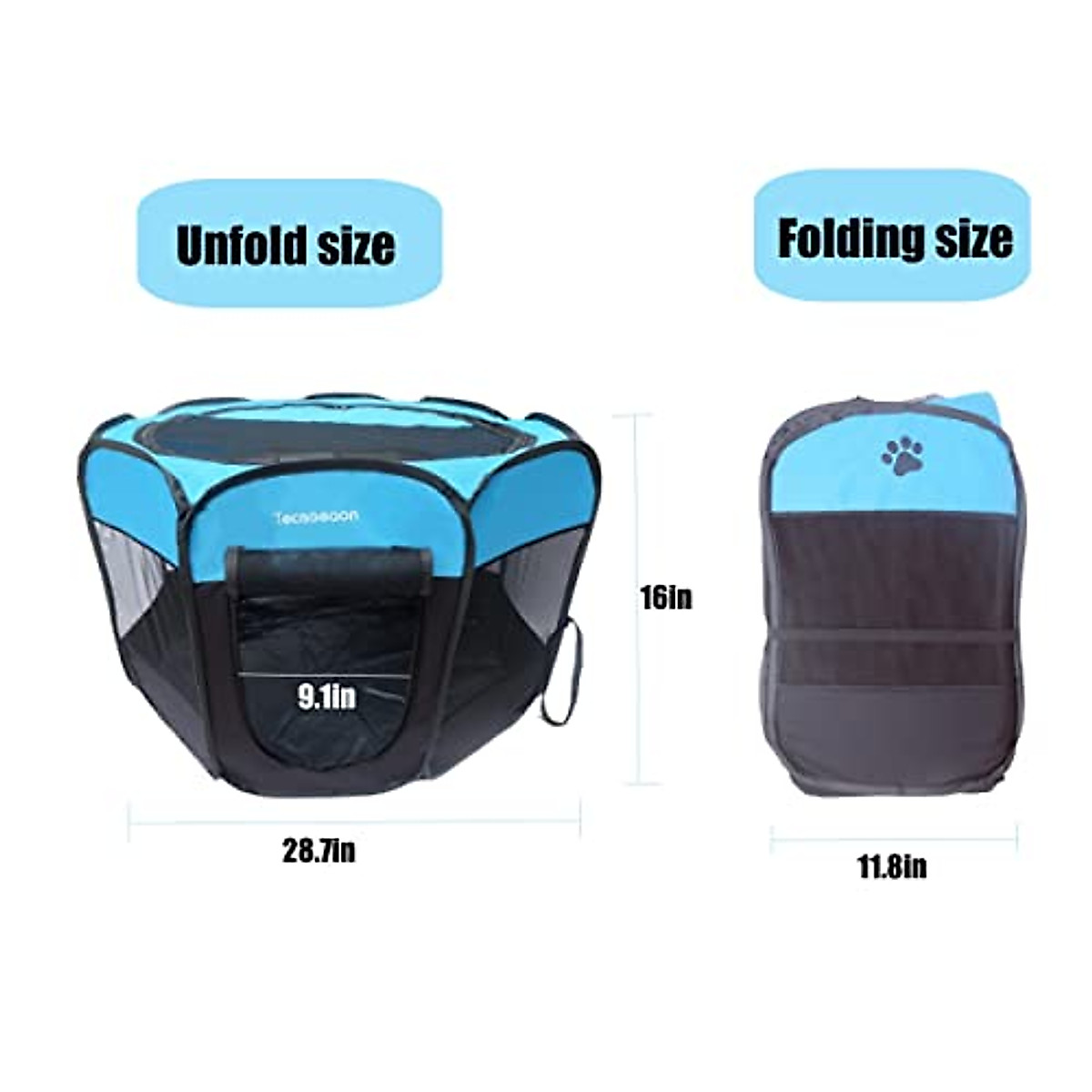 Tecageaon Portable Foldable Pet Playpen Exercise Pen Kennel Tent Carrying Case Indoor Outdoor Water-Resistant Removable Shade Cover for Puppies Kittens Cats Small Dogs (Blue)