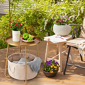 danpinera Gold Side Table, Small Round Side Table with Fabric Storage Basket, Metal Side Table for Nursery, Living Room, Bedroom, Bathroom