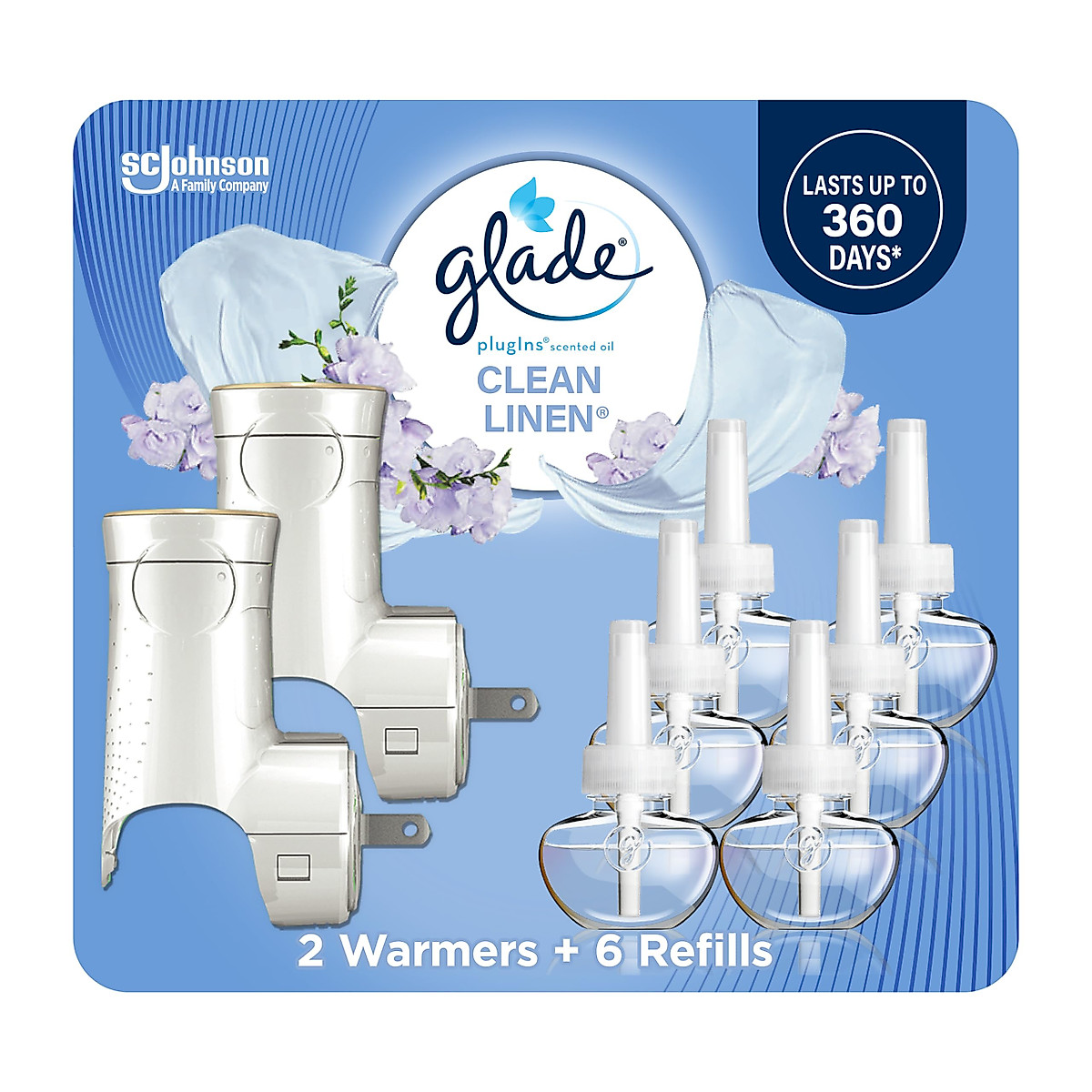 Glade PlugIns Refills Air Freshener Starter Kit, Scented and Essential Oils for Home and Bathroom, Clean Linen, 4.02 Fl Oz, 2 Warmers + 6 Refills