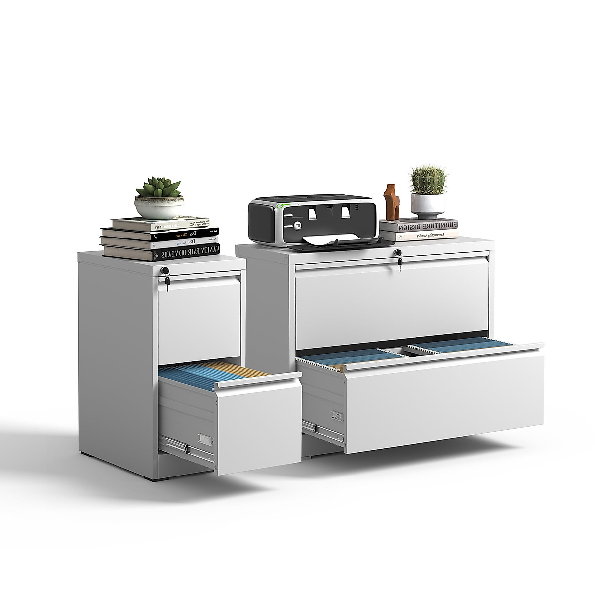 BIZOEIRON 2 Drawer File Cabinet and 2 Drawer File Cabinet with Lock, White