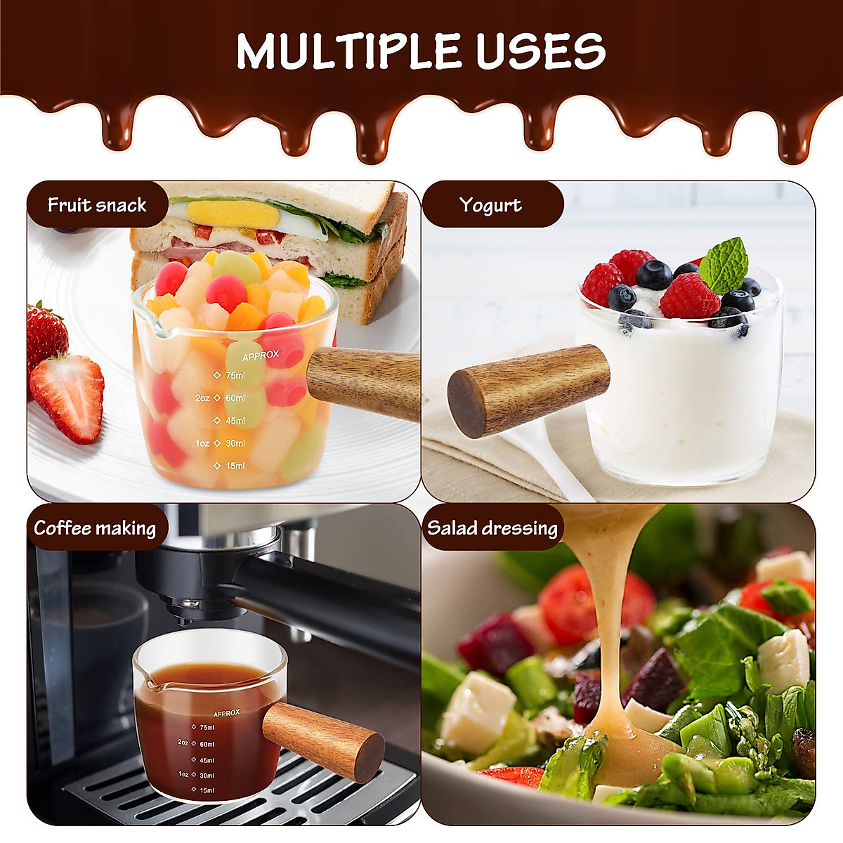 Catcan 2 Packs Single Spout Espresso Shot Glass, 75ML Single Spout Espresso Measuring Cup with Wood Handle, Espresso Glass Carafe Shot Glass Mini Milk Glass Cup for Barista Coffee Carafe Milk